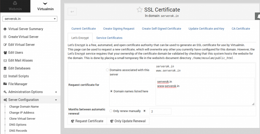 Install SSL Certificate in Virtualmin - ServerOK