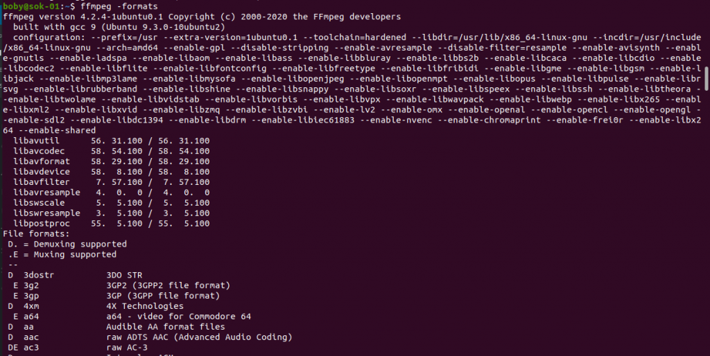 Show all formats supported by ffmpeg - ServerOK